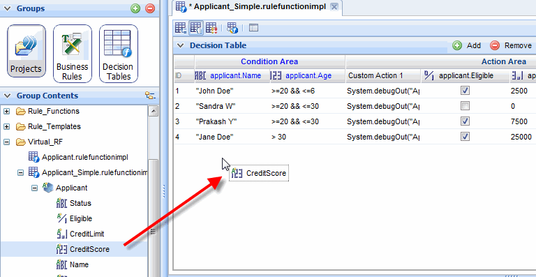 Adding Condition and Action Columns from Arguments