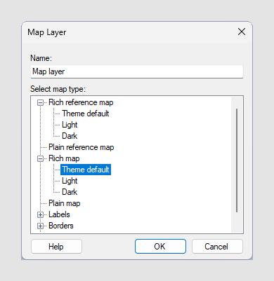 Specifying default settings for map layers, feature layers or TMS layers in a map chart