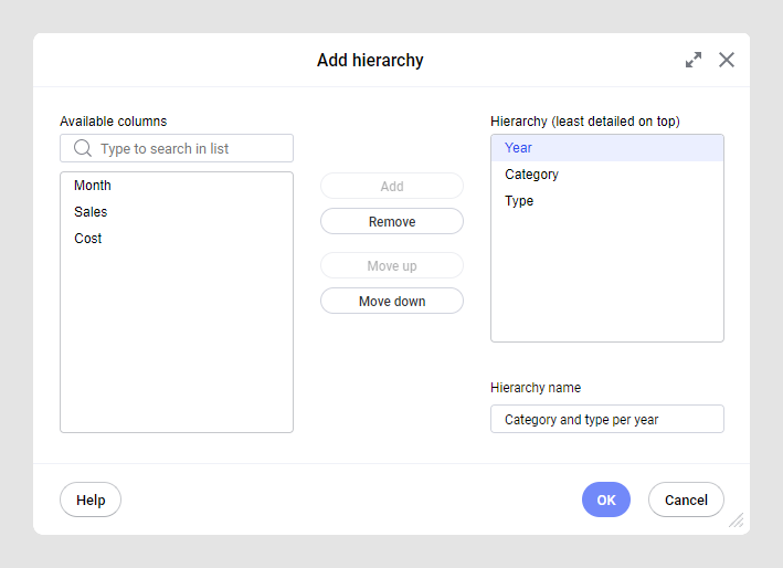 Defining a hierarchy using the Add hierarchy dialog