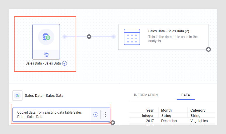 분석의 데이터 테이블에 연결된 복사본